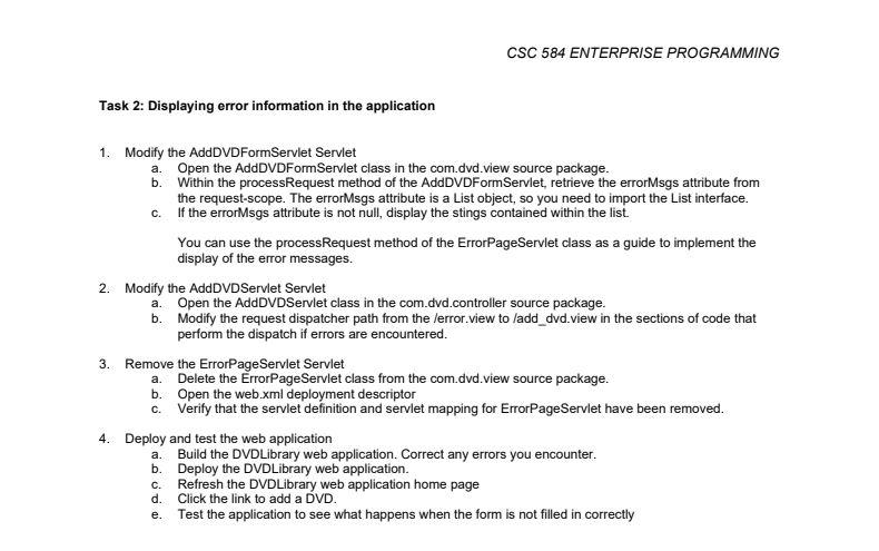 CSC 584 ENTERPRISE PROGRAMMING LAB 6: SERVLET -3 Post | Chegg.com