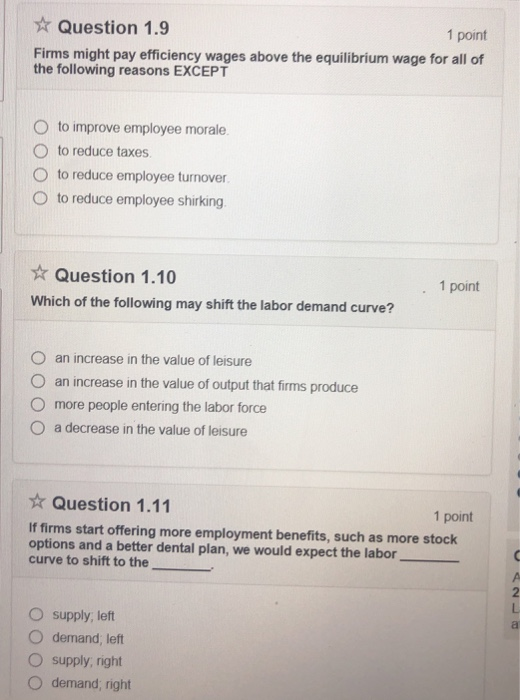 Solved Question 1.9 1 point Firms might pay efficiency wages | Chegg.com