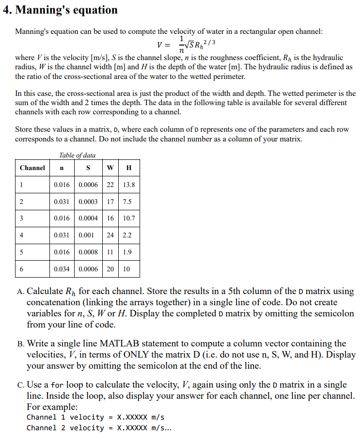 Solved Manning's equationManning's equation can be used to | Chegg.com