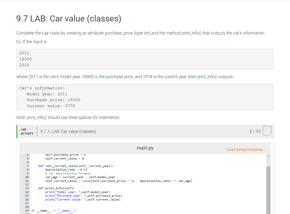 Python Zylab 9.7 Description: Complete the Car class | Chegg.com