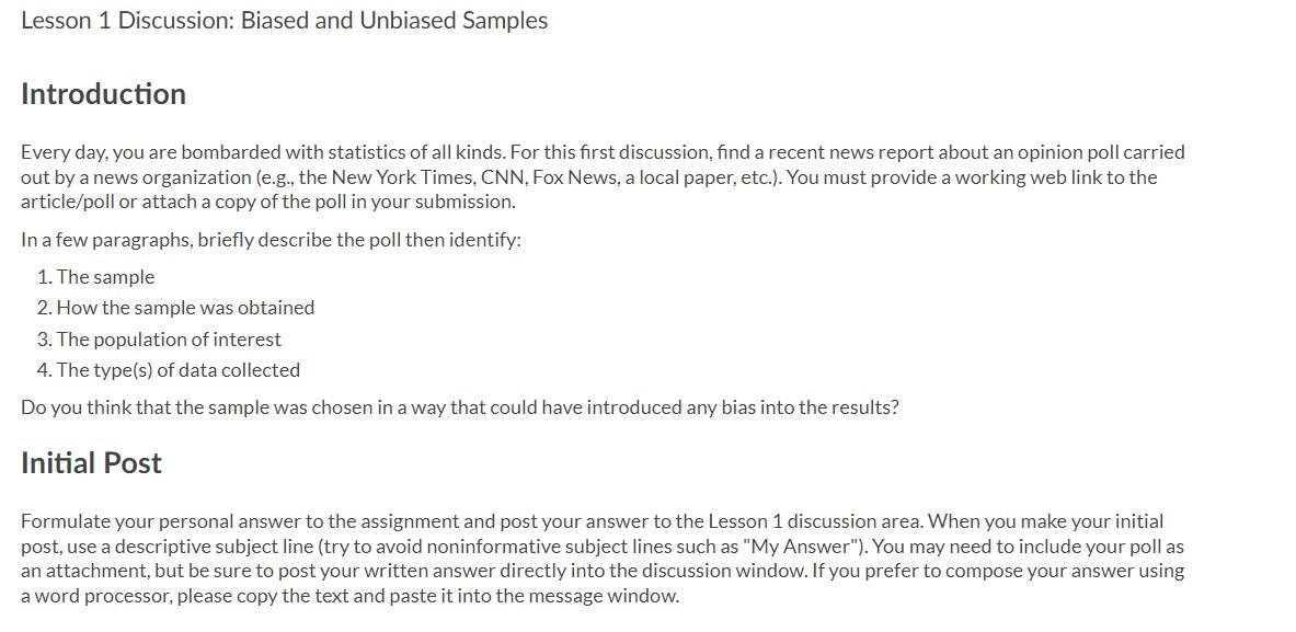 Solved Lesson 1 Discussion: Biased and Unbiased Samples | Chegg.com