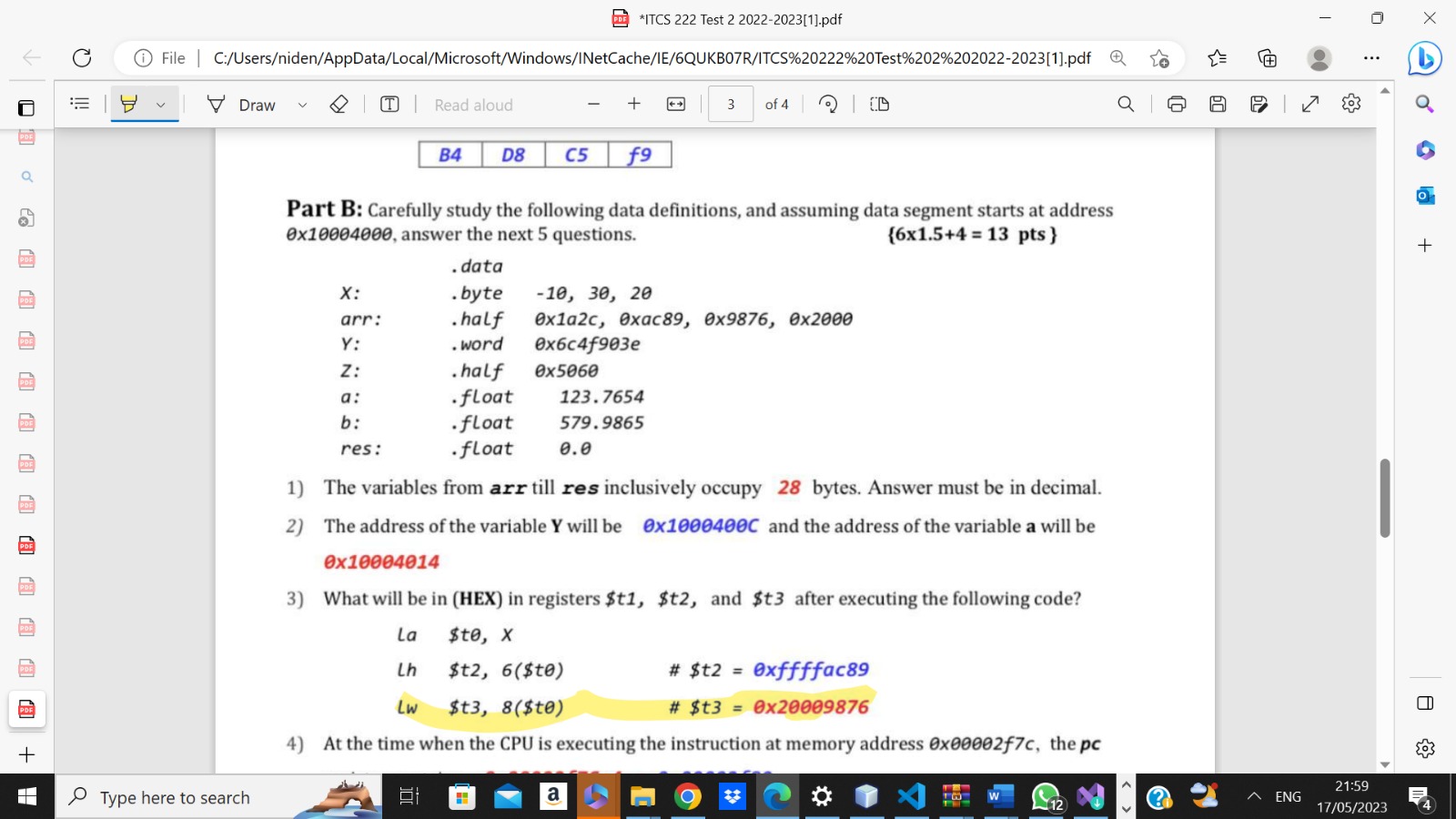 Solved Part B: Carefully study the following data | Chegg.com