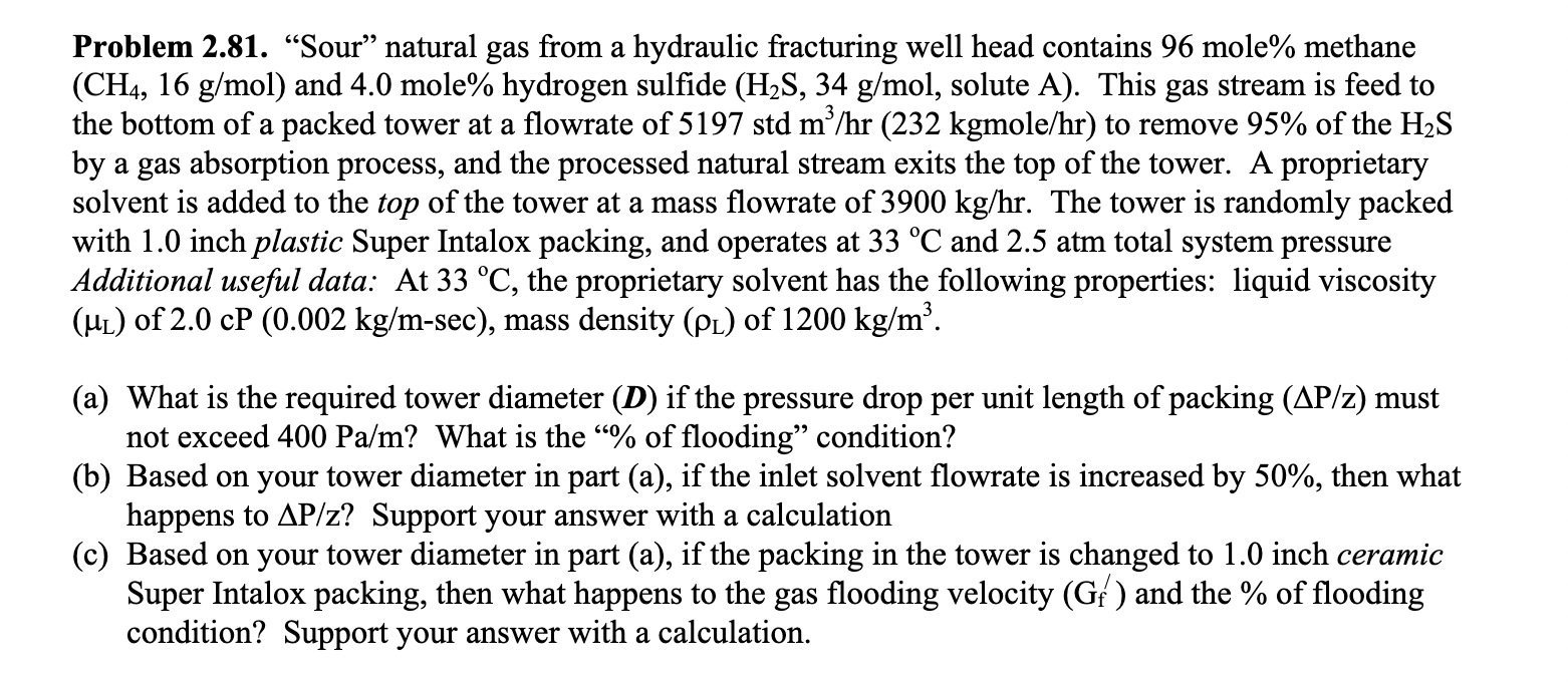 Problem 2.81. "Sour" natural gas from a hydraulic | Chegg.com