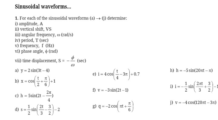 Solved Sinusoidal waveforms... 1. For each of the sinusoidal | Chegg.com
