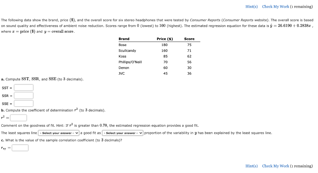 Solved Hint(s) Check My Work (1 remaining) The following | Chegg.com