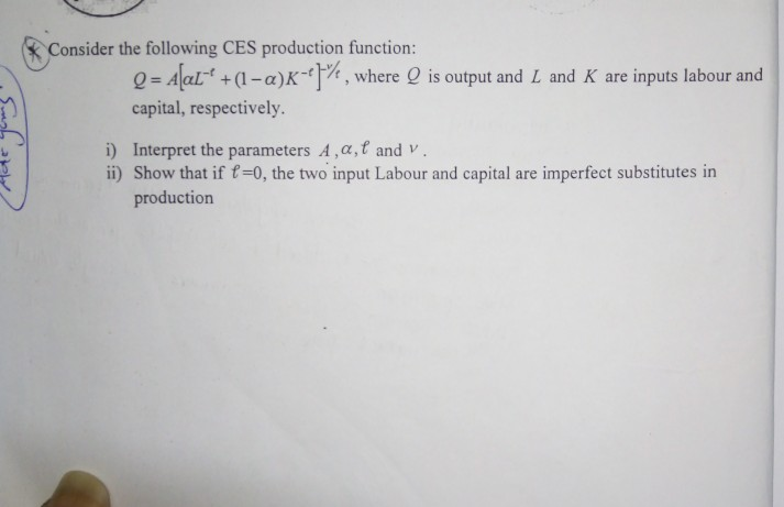 Solved Consider The Following Ces Production Function Q