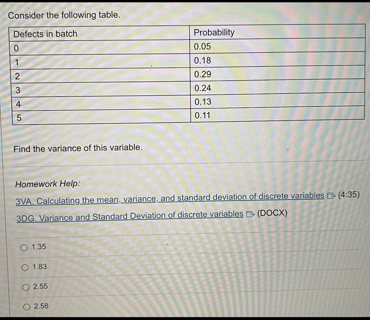 Solved Consider the following table. Find the variance of | Chegg.com