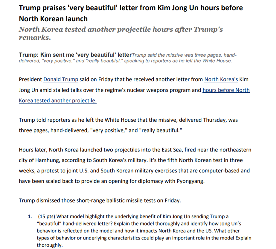 Trump praises 'very beautiful' letter from Kim Jong | Chegg.com