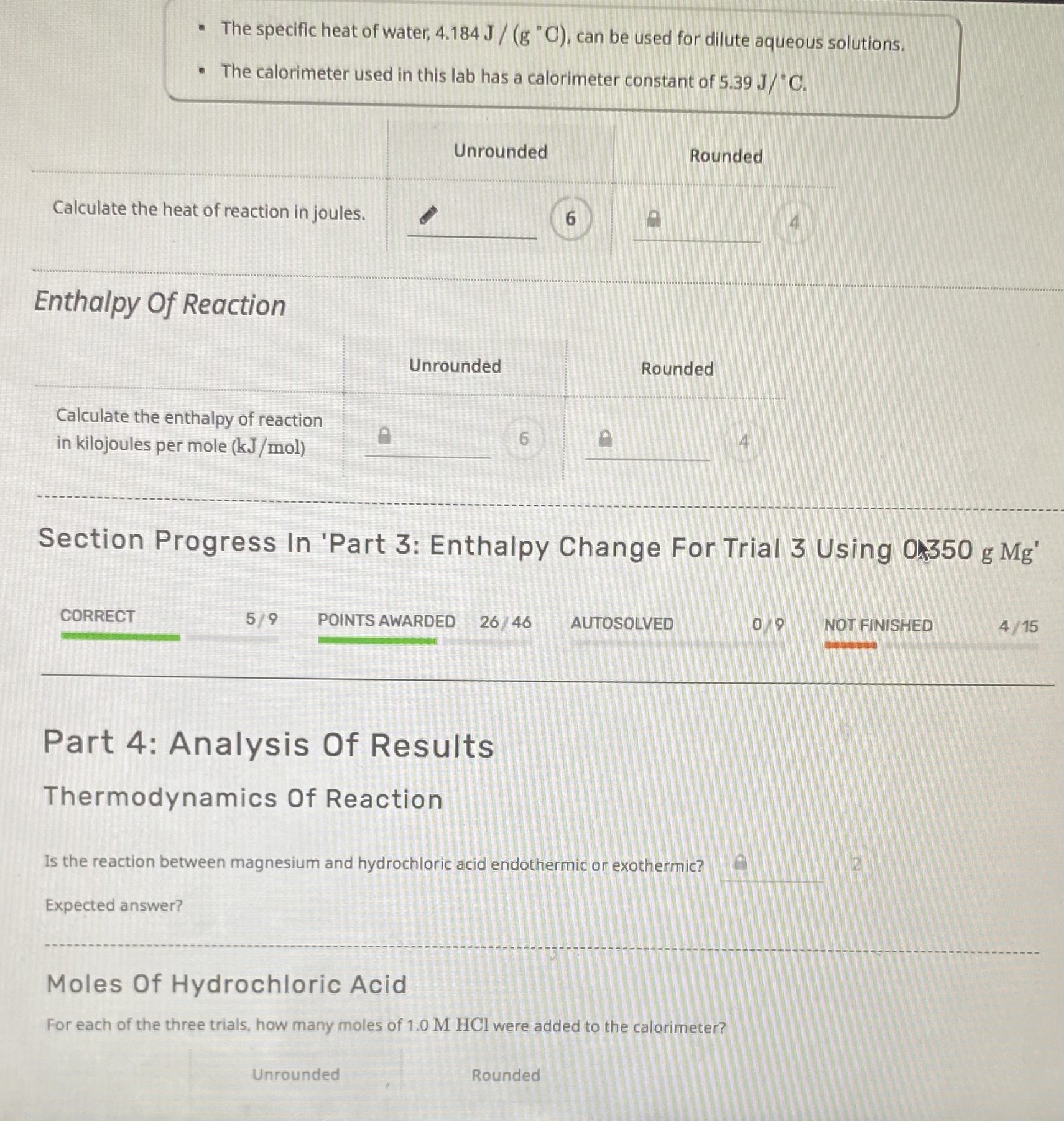 Solved Part 3: Enthalpy Change For Trial 3 Using 0.350 gMg | Chegg.com