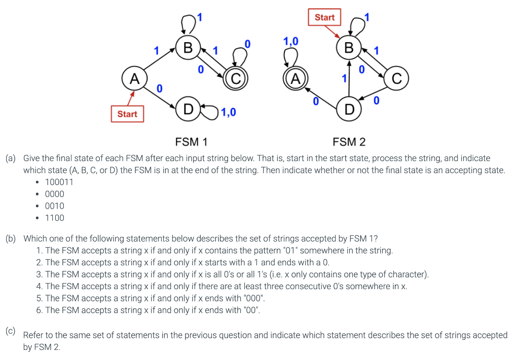 Start Start FSM 1 FSM 2 (a) Give the final state of | Chegg.com
