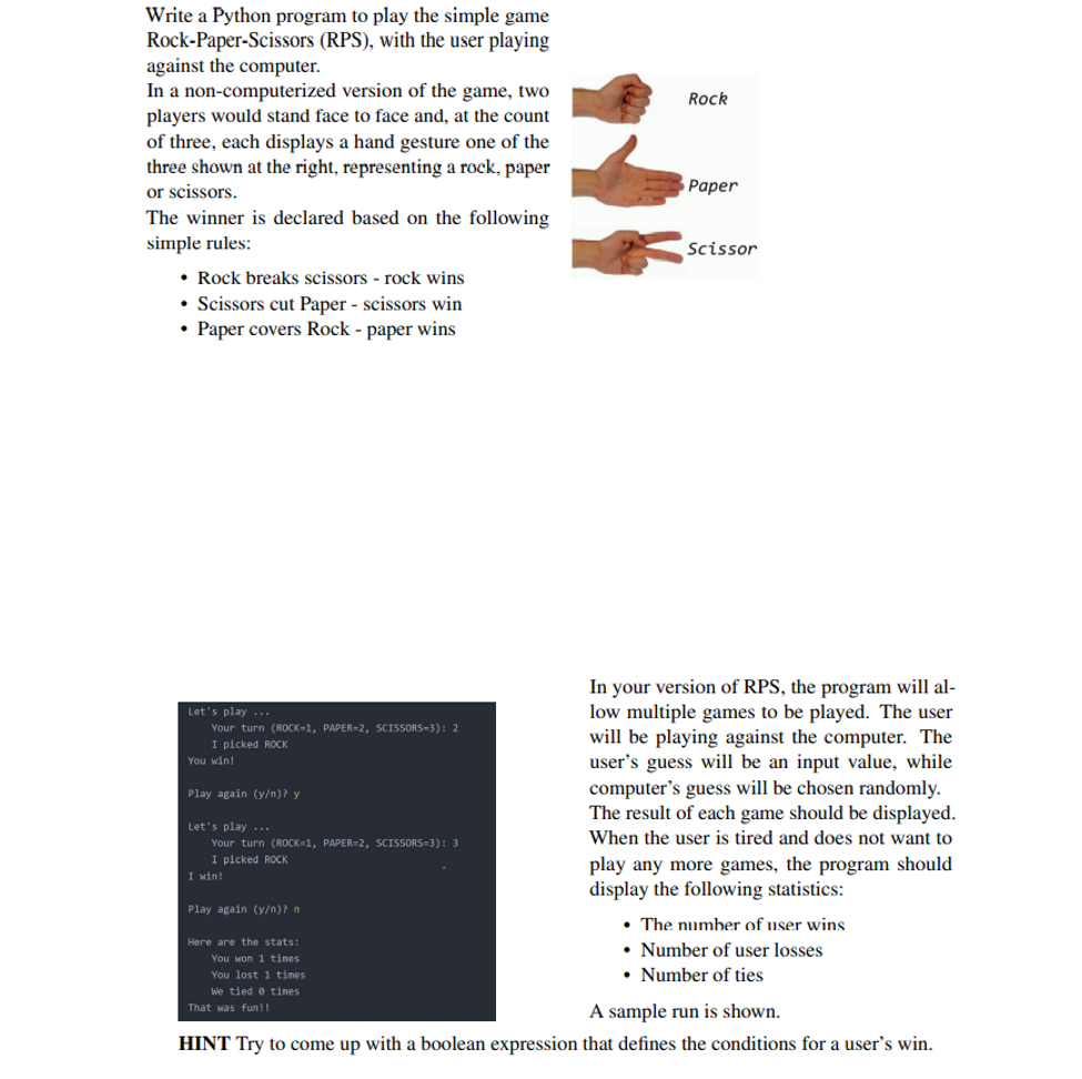 Solved Rock Write a Python program to play the simple game | Chegg.com