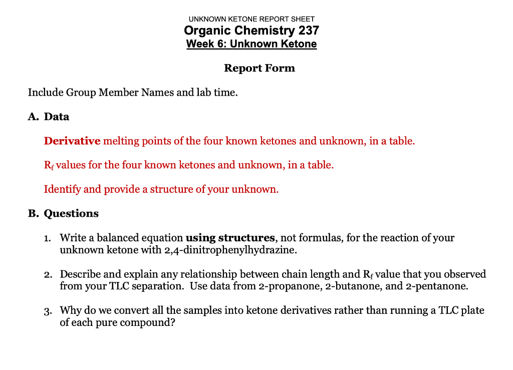 CHM 237 Experiment 7 Ketone Derivatives and TLC | Chegg.com