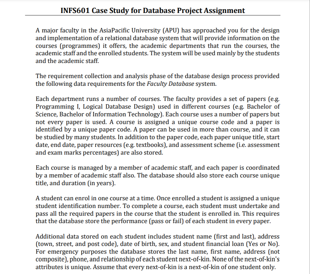 Solved INFS601 Case Study for Database Project Assignment A | Chegg.com
