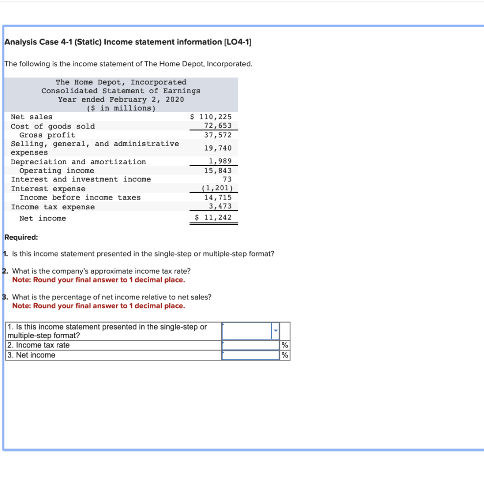 Solved Analysis Case 4-1 (Static) Income statement | Chegg.com
