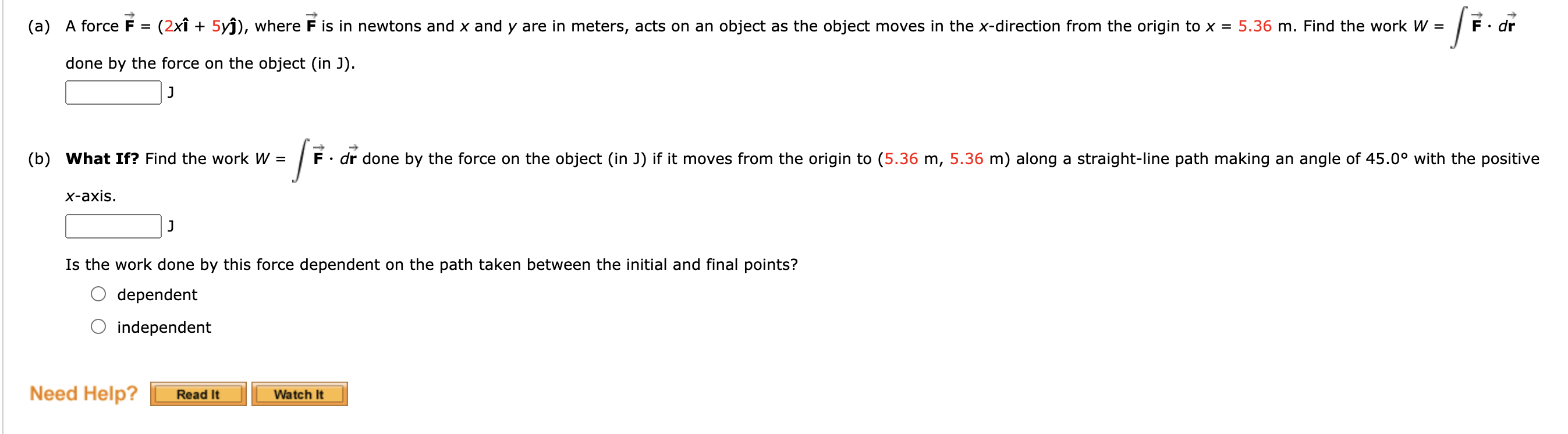 Solved (a) A force F = (2xî + 5yj), where F is in newtons | Chegg.com