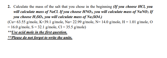 Solved 2. Calculate the mass of the salt that you chose in | Chegg.com