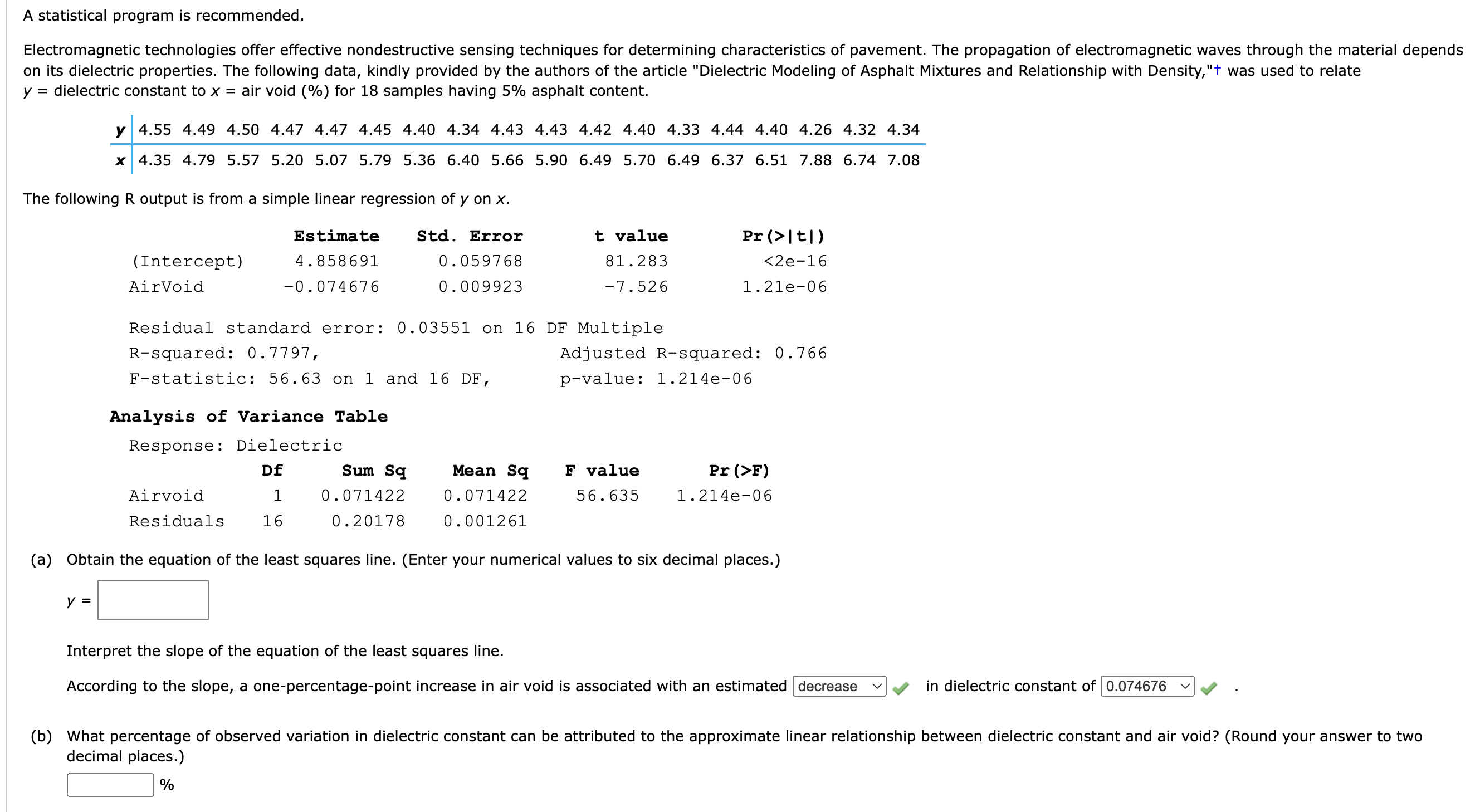Solved A statistical program is recommended. y= dielectric | Chegg.com