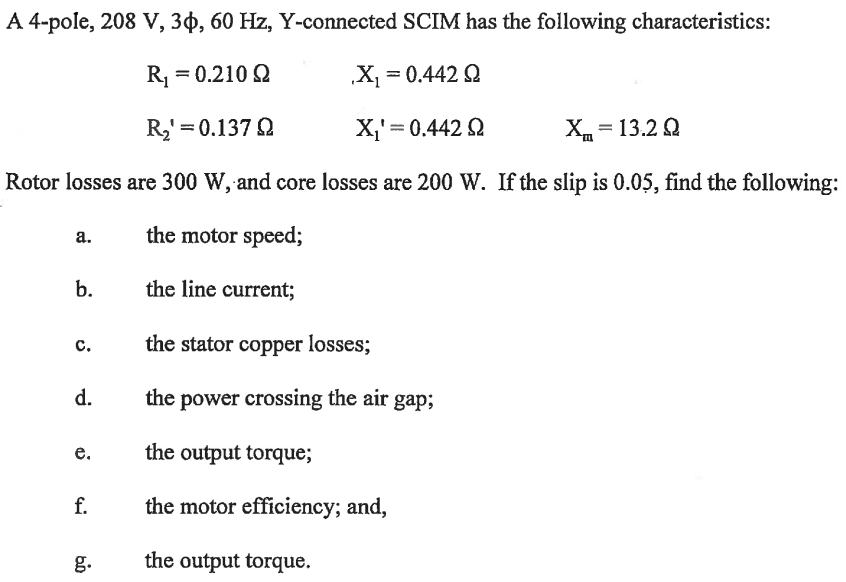 Solved A 4-pole, 208 V,3ϕ,60 Hz, Y-connected SCIM has the | Chegg.com