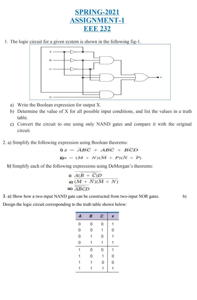 Solved SPRING-2021 ASSIGNMENT-1 EEE 232 1. The logic circuit | Chegg.com
