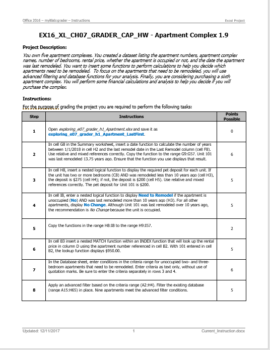 Office 2016-myitlab:grader-Instructians Excal Project | Chegg.com
