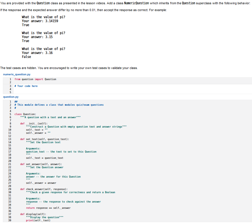 Solved You are provided with the Question class as presented | Chegg.com
