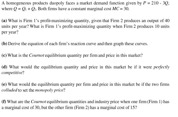 Solved A homogeneous products duopoly faces a market demand | Chegg.com