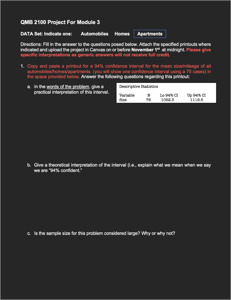 Solved QMB 2100 Project For Module 3 DATA Set: Indicate one: | Chegg.com