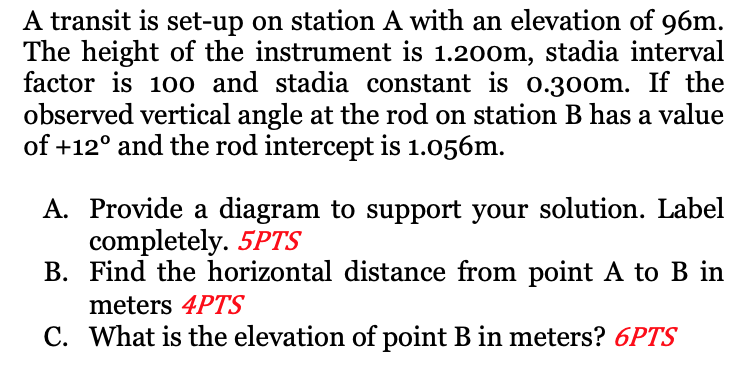 Solved A transit is set-up on station A with an elevation of | Chegg.com