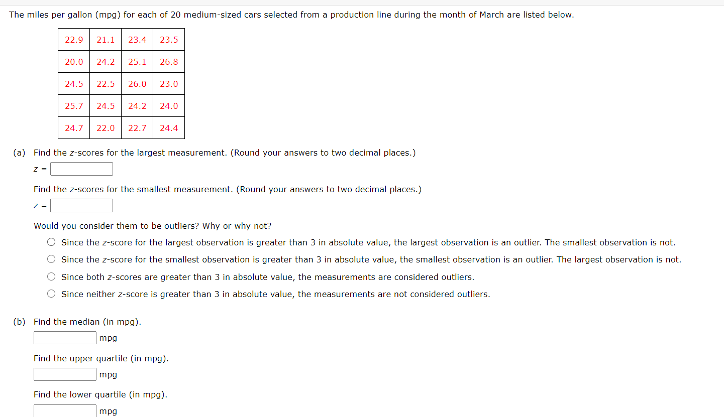 Solved The miles per gallon (mpg) for each of 20 | Chegg.com