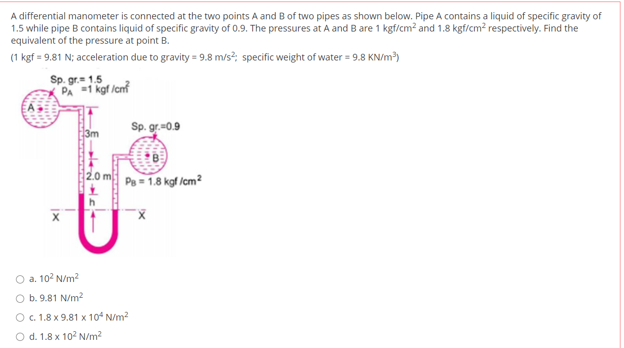 Solved A differential manometer is connected at the two | Chegg.com