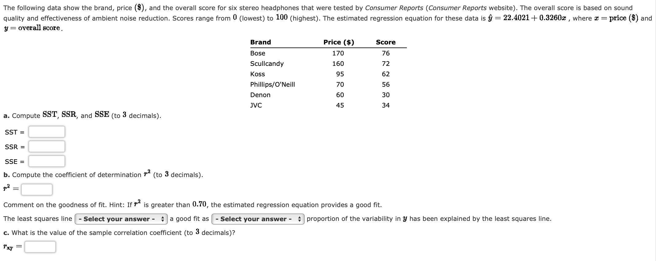 Solved y= ﻿overall score.a. ﻿Compute SST,SSR, ﻿and SSE (to 3 | Chegg.com