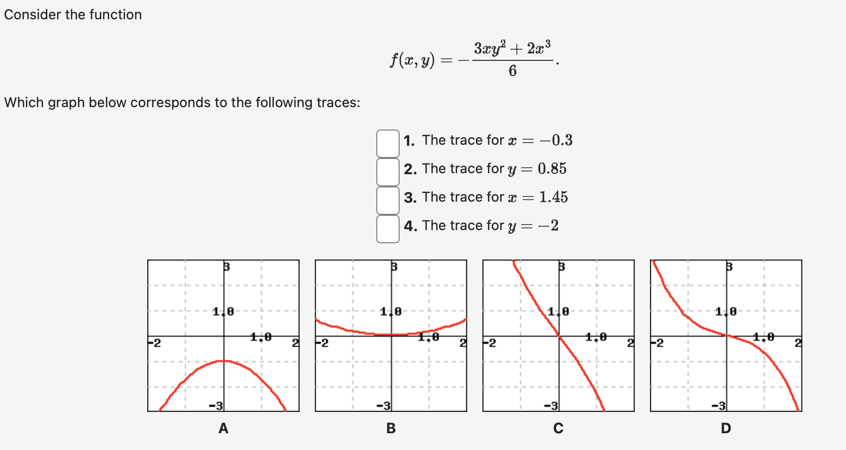 Solved Consider the function f(x,y)=−63xy2+2x3 Which graph | Chegg.com