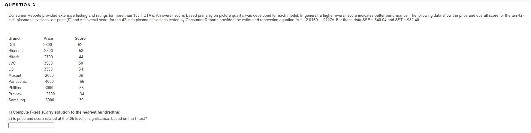 Solved 1) Compute F-test (Carry solution to the nearest | Chegg.com