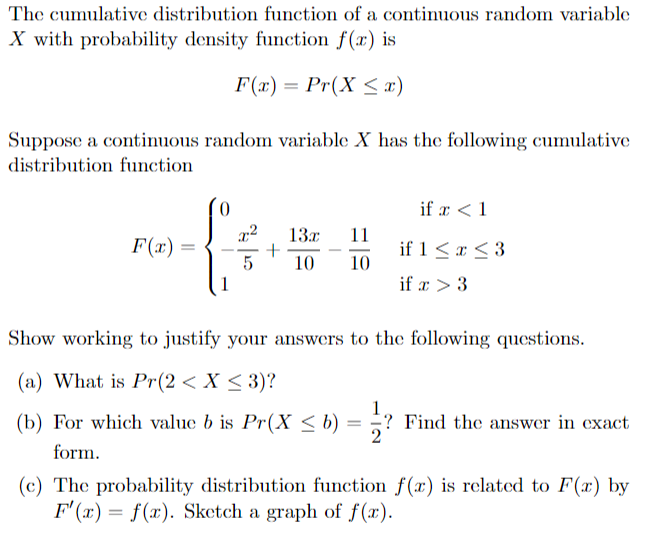 Solved The cumulative distribution function of a continuous | Chegg.com