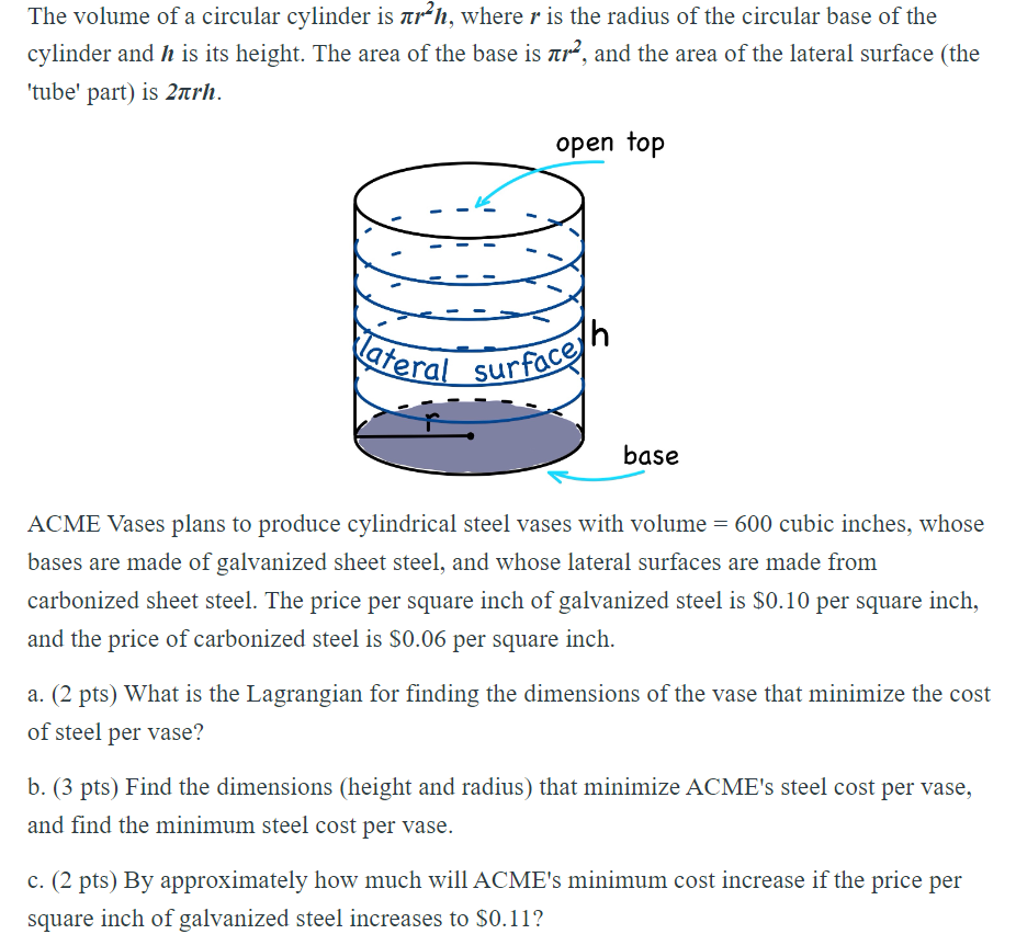 Solved The volume of a circular cylinder is πr2h, where r is | Chegg.com