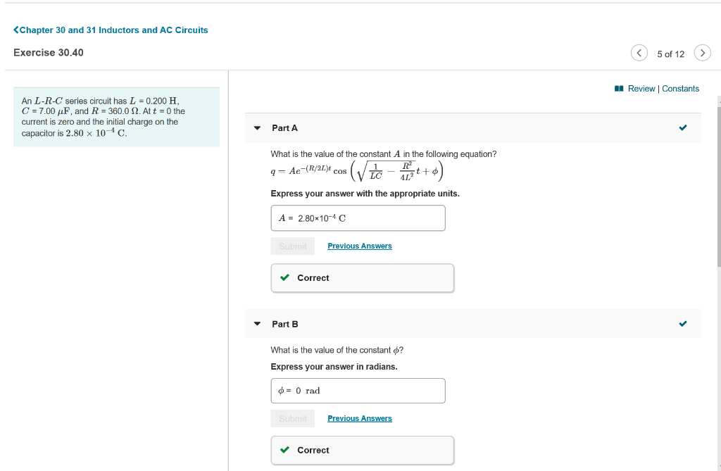 Solved Review | Constants An L-R-C series circuit has L = | Chegg.com