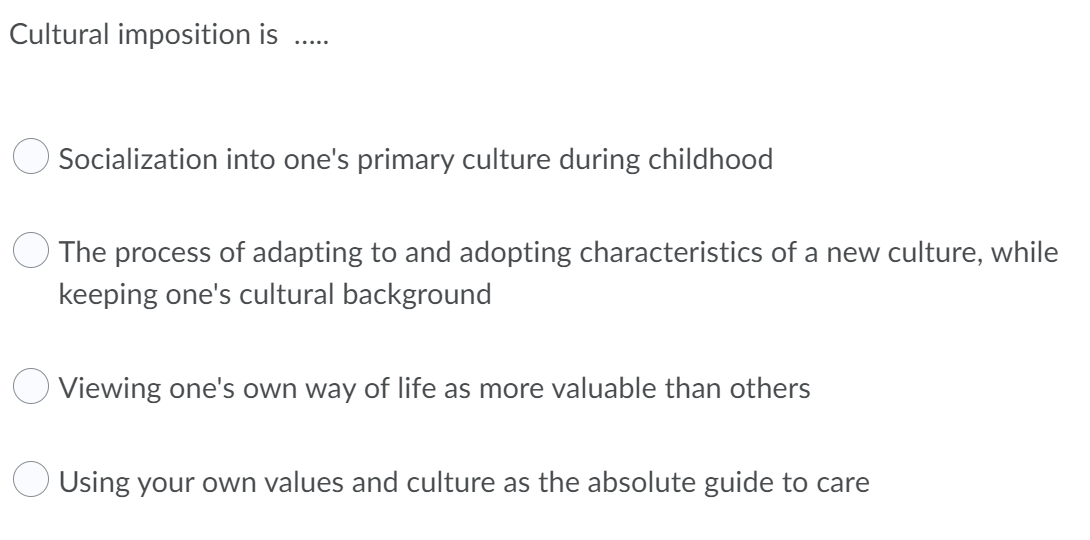 Solved Cultural imposition is ..... Socialization into one's | Chegg.com