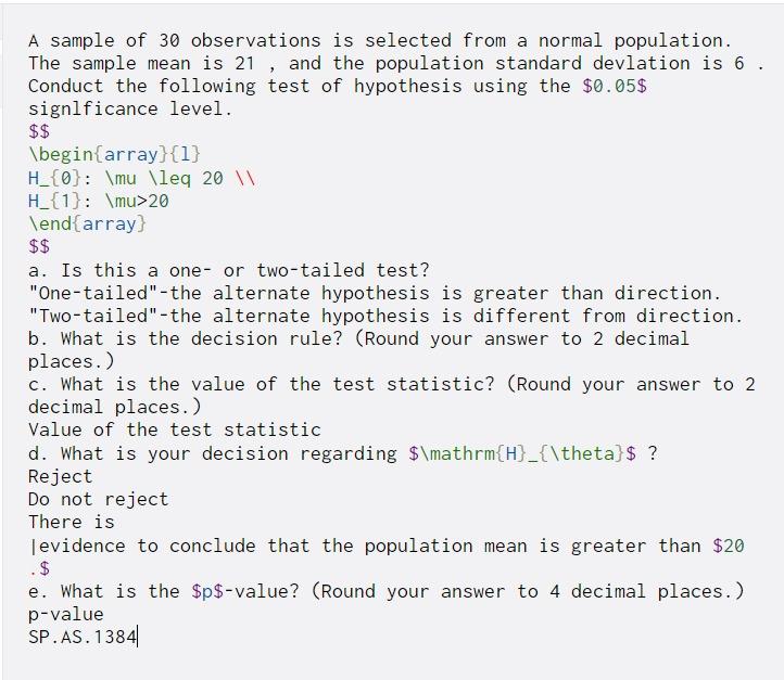 Solved A sample of 30 observations is selected from a normal | Chegg.com