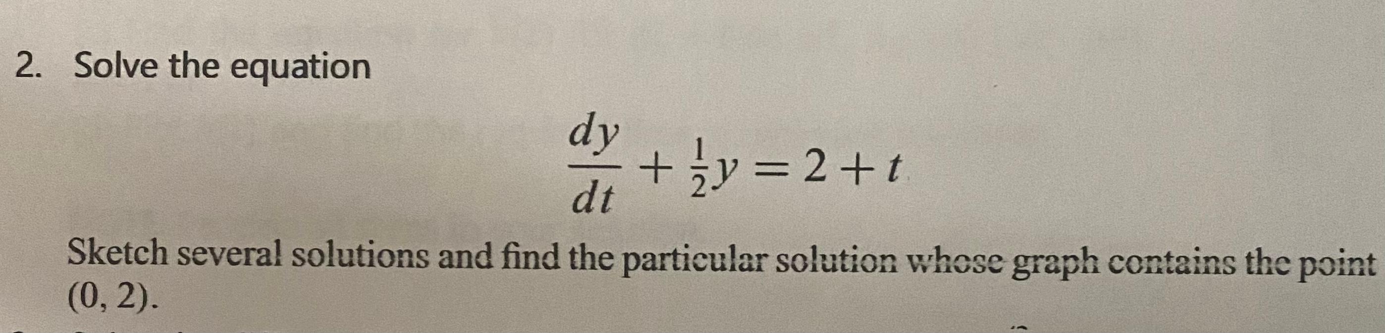 Solved 2. Solve the equation dtdy+21y=2+t Sketch several | Chegg.com