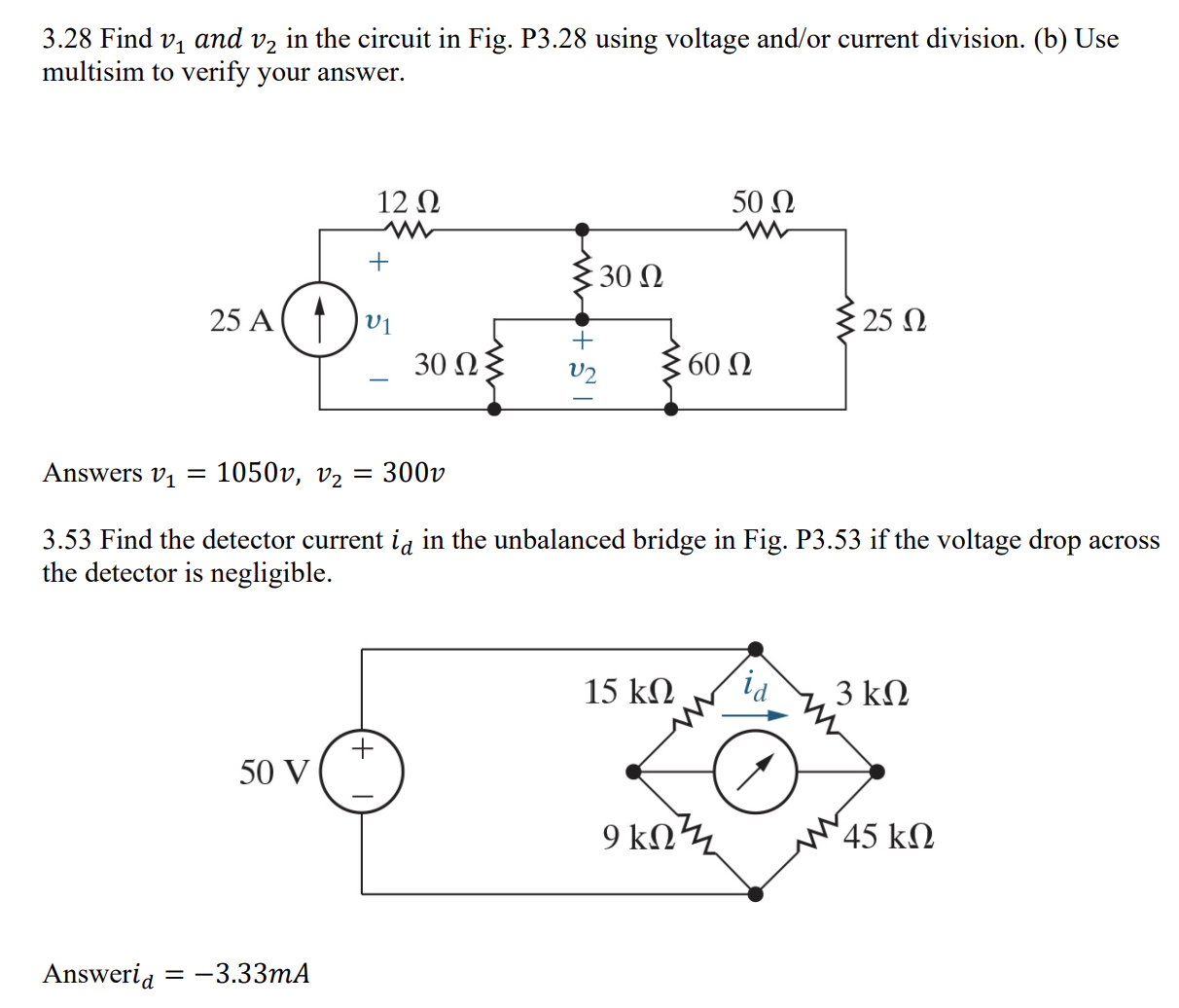 Solved 3.28 Find v1 and v2 in the circuit in Fig. P3.28 | Chegg.com