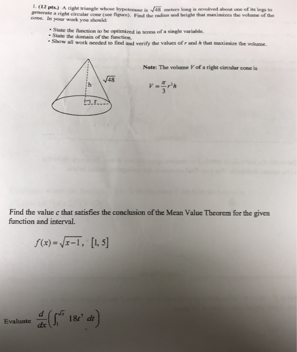 Solved I. (12 pts.) A right triangle whose hypotenuse is 48 | Chegg.com