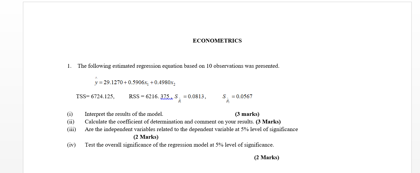 Solved 1. The following estimated regression equation based | Chegg.com