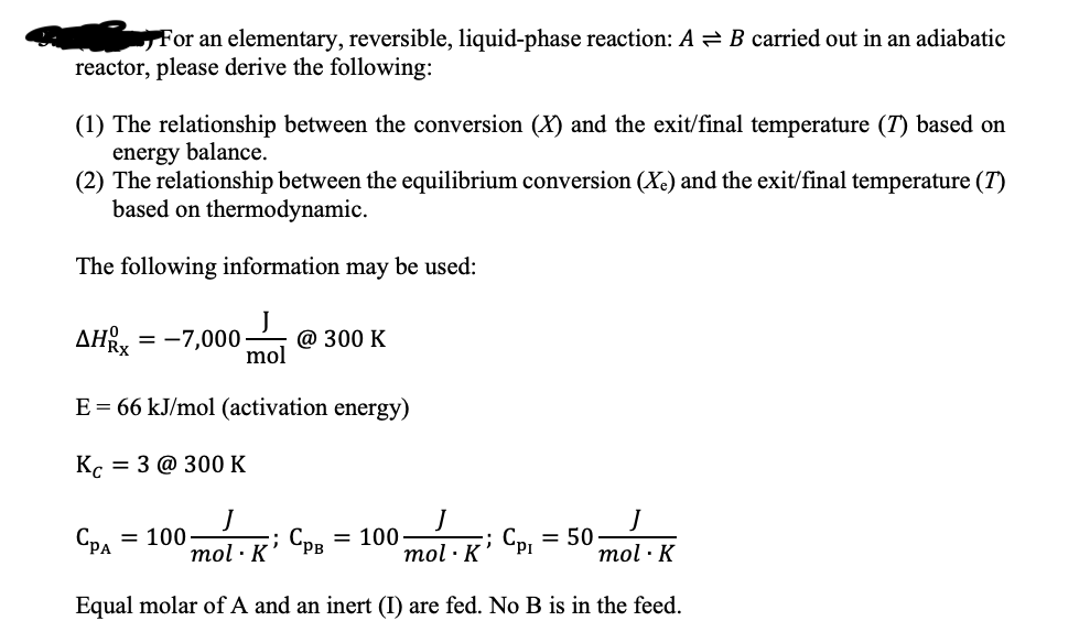 Solved For an elementary, reversible, liquid-phase reaction: | Chegg.com