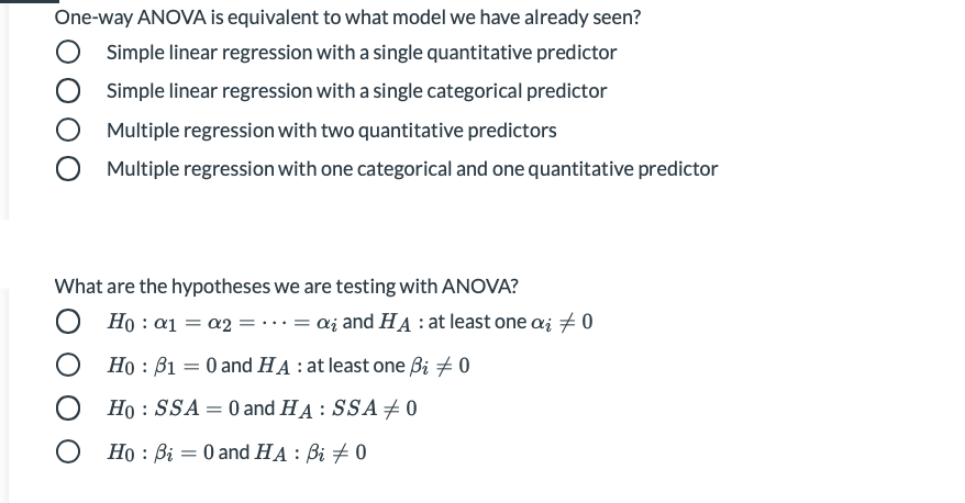 Solved One-way ANOVA is equivalent to what model we have | Chegg.com