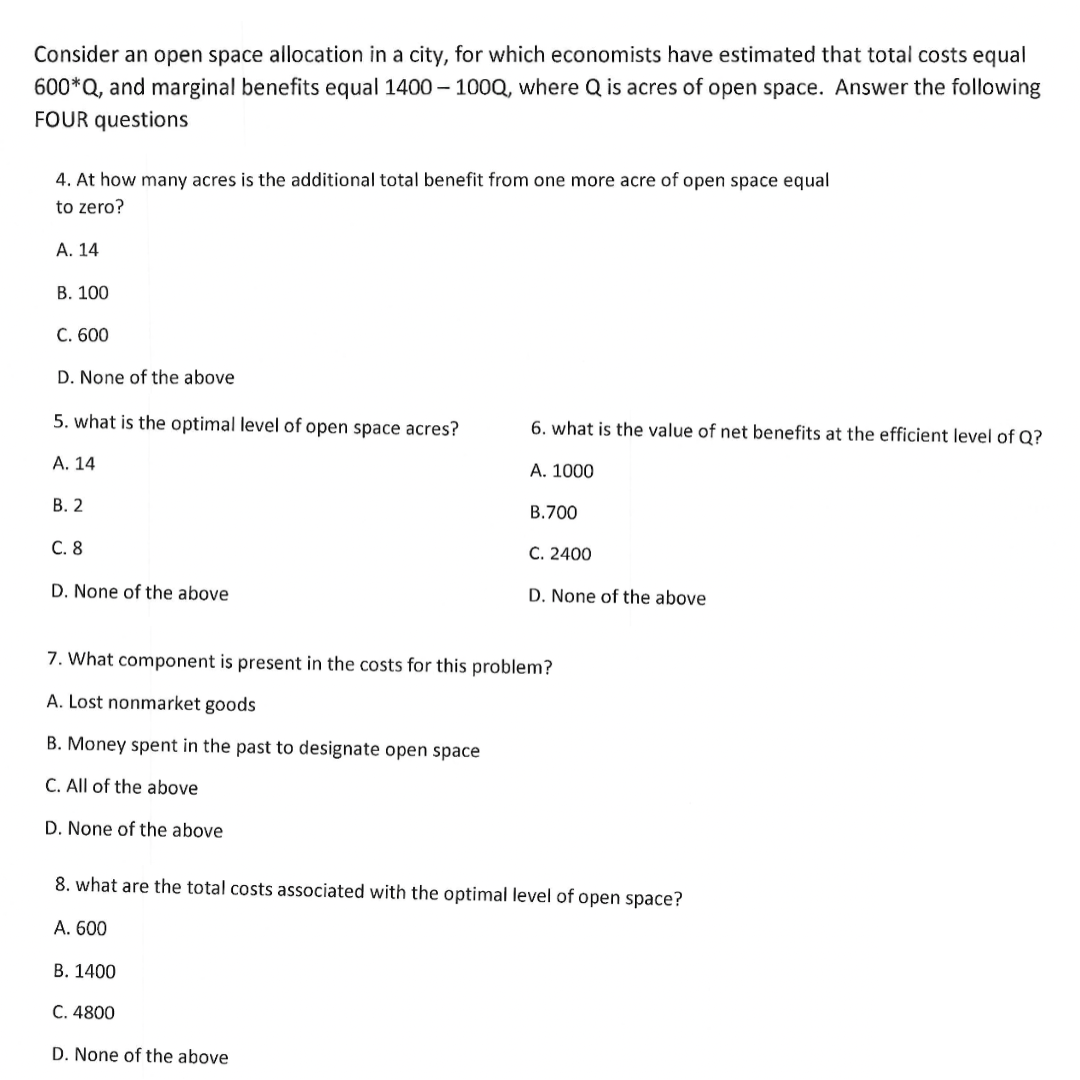 Solved Consider an open space allocation in a city, for | Chegg.com