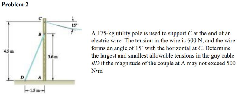 Solved Problem 2 15 A 175-kg utility pole is used to support | Chegg.com