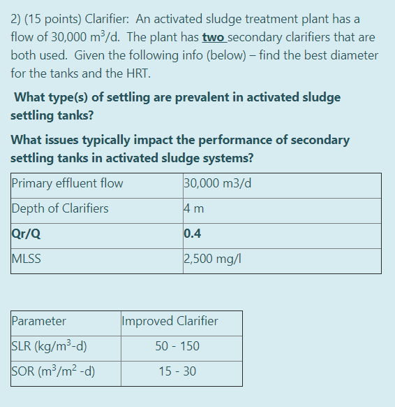 Solved 2) (15 points) Clarifier: An activated sludge | Chegg.com