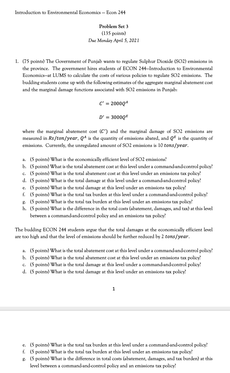 Introduction to Environmental Economics - Econ 244 | Chegg.com