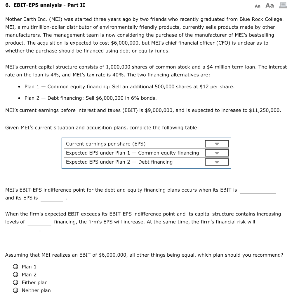 Solved 6. EBIT-EPS analysis - Part II Aa Aa Mother Earth | Chegg.com