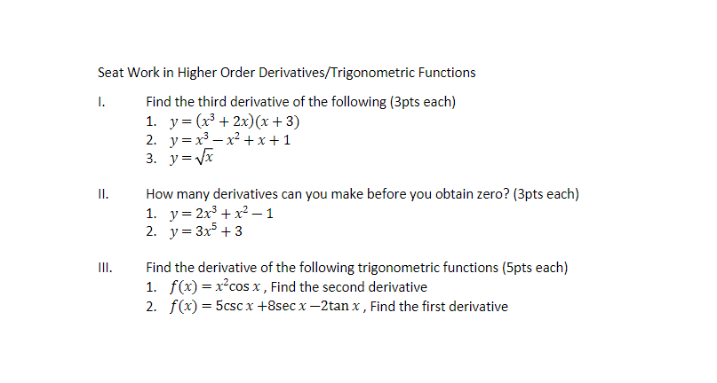 Solved Seat Work in Higher Order Derivatives/Trigonometric | Chegg.com
